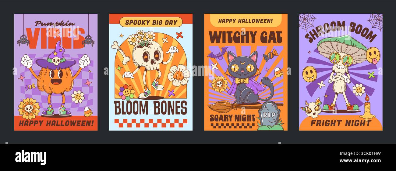 Groovy Halloween holiday characters posters of cartoon retro hippie ...