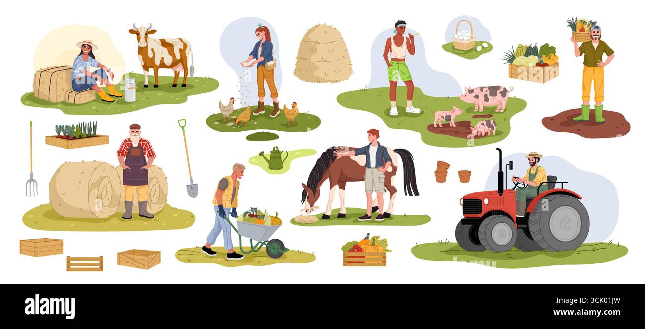 Farmer and gardener people characters working on farm with animals ...
