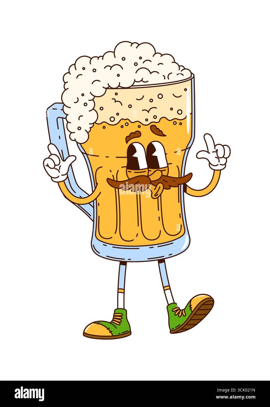 Cartoon groovy beer tankard drink character with foam on top, wearing ...