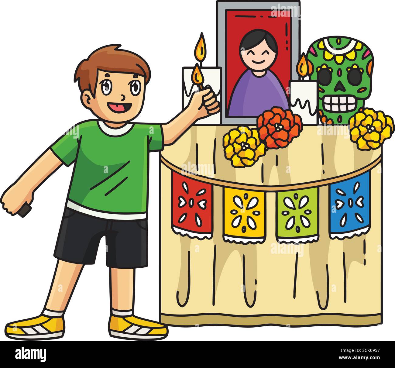 Dia de los Muertos Boy Lighting Candles on Ofrenda Stock Vector Image ...