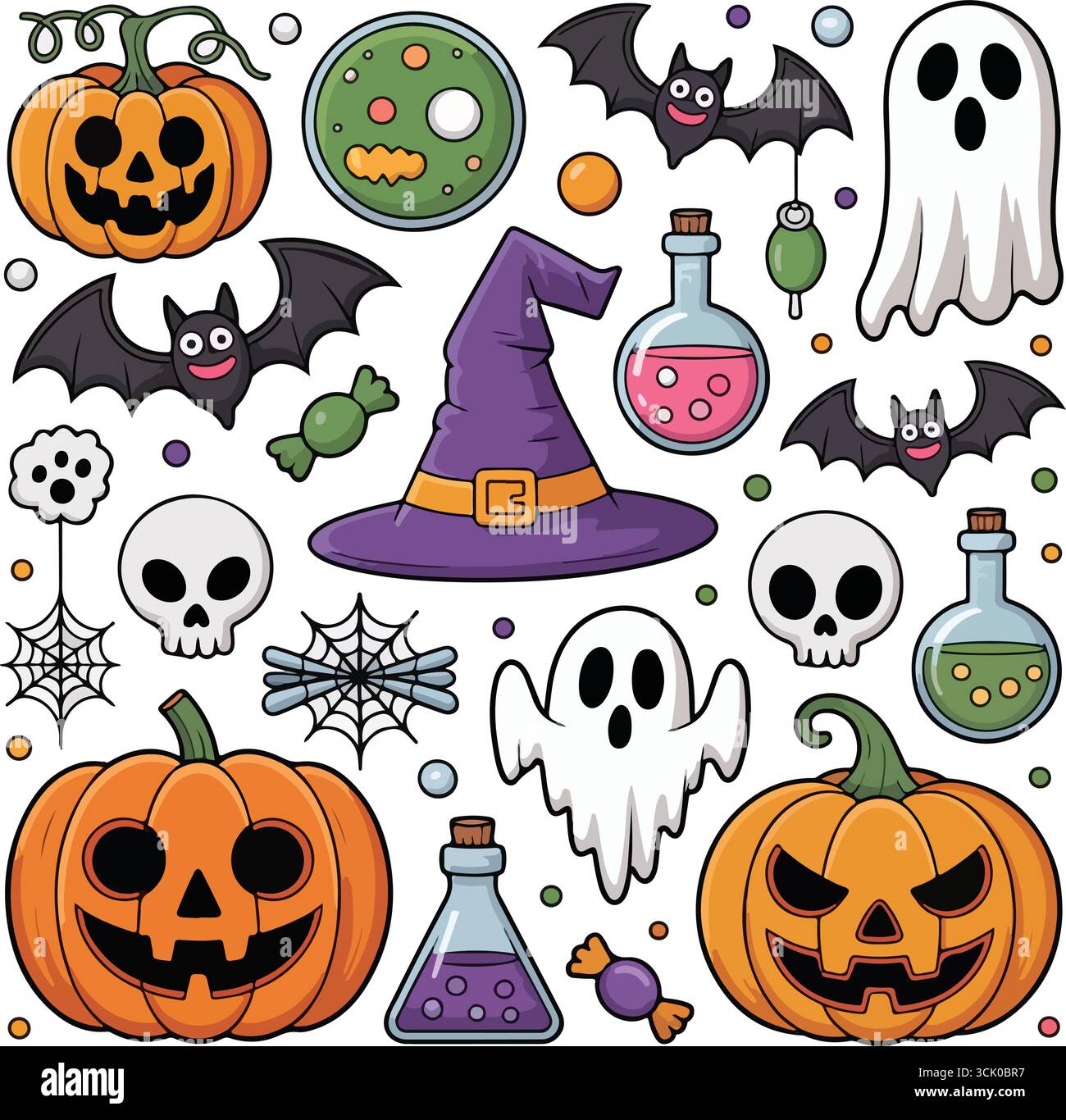 Colorful Halloween elements set with pumpkins, ghosts, bats, and a ...