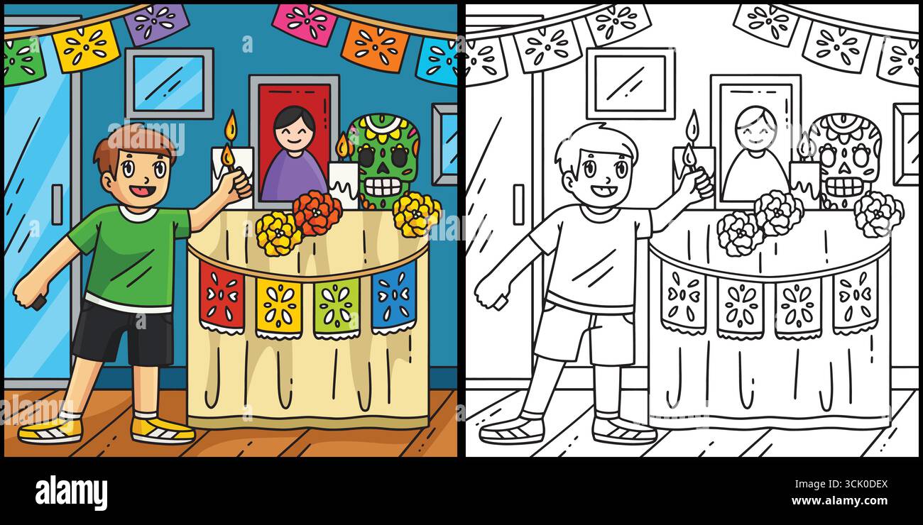 Dia de los Muertos Boy Lighting Candles on Ofrenda Stock Vector Image ...