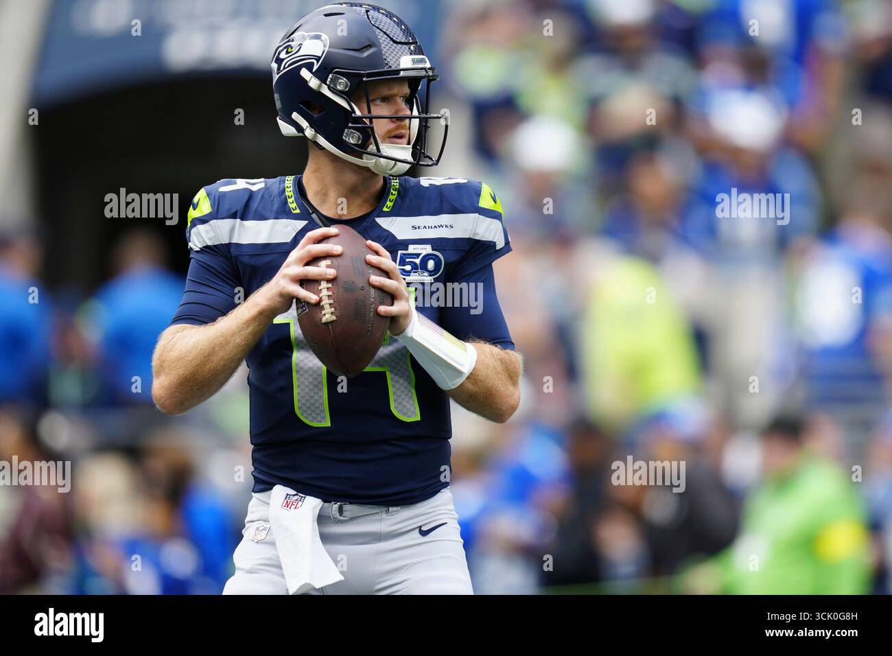 Seattle Seahawks quarterback Sam Darnold (14) looks to pass the ball ...