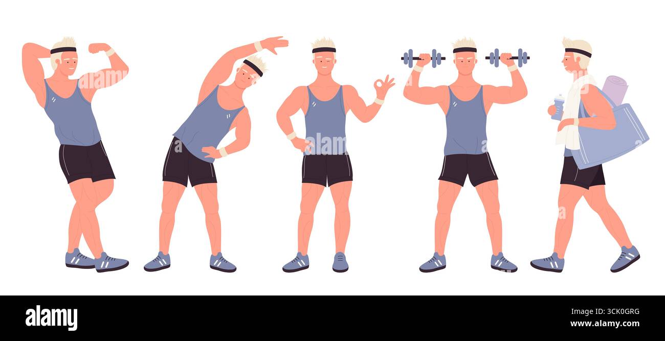 Male fitness trainer demonstrating various workout poses and gym ...
