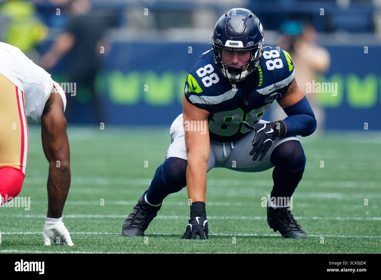 Seattle Seahawks tight end AJ Barner (88) gets set during an NFL ...