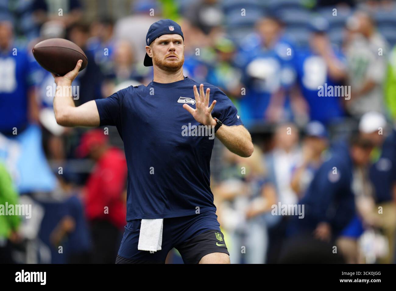 Seattle Seahawks quarterback Sam Darnold (14) passes the ball before an ...