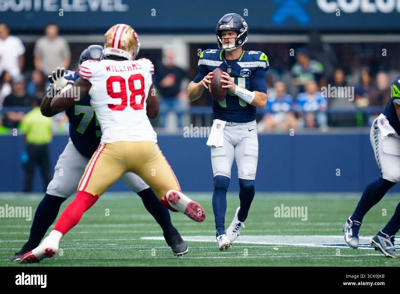 Seattle Seahawks quarterback Sam Darnold (14) looks to pass the ball ...