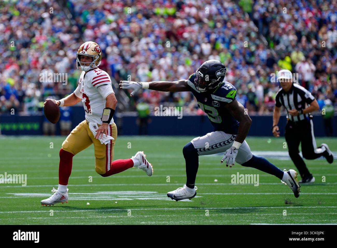 Seattle Seahawks linebacker Ernest Jones IV (13) chases after San ...