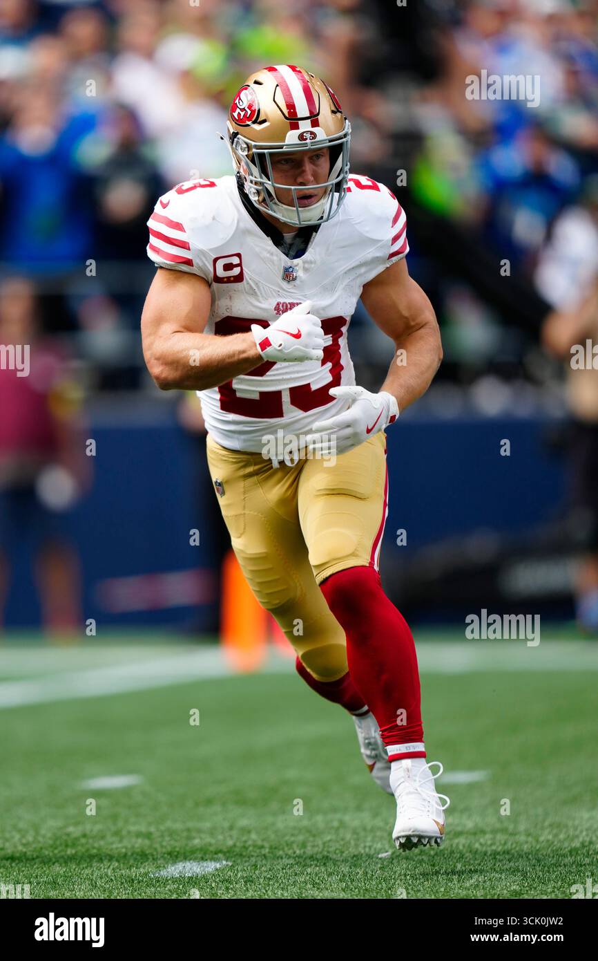 San Francisco 49ers running back Christian McCaffrey (23) runs down the ...