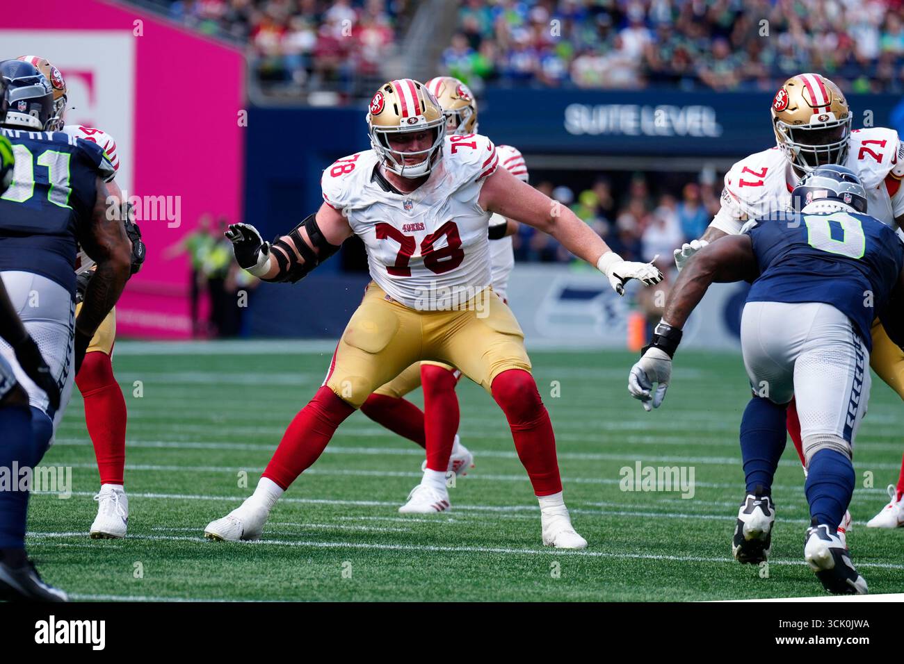 San Francisco 49ers guard Ben Bartch (78) gets set during an NFL ...