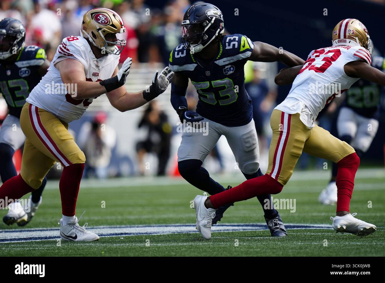 Seattle Seahawks linebacker Boye Mafe (53) and San Francisco 49ers ...