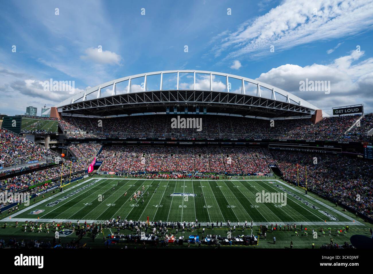 A general overall interior view of Lumen Field during an NFL football ...