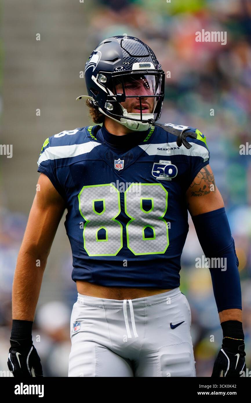 Seattle Seahawks tight end AJ Barner (88) looks on before an NFL ...