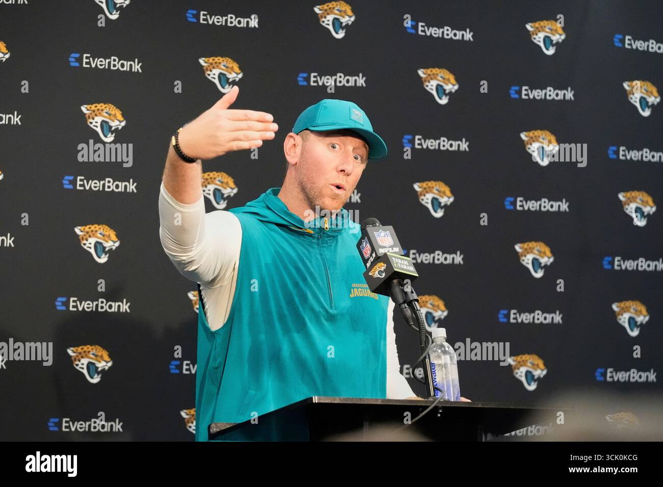 Jacksonville Jaguars head coach Liam Coen speaks at a news conference ...