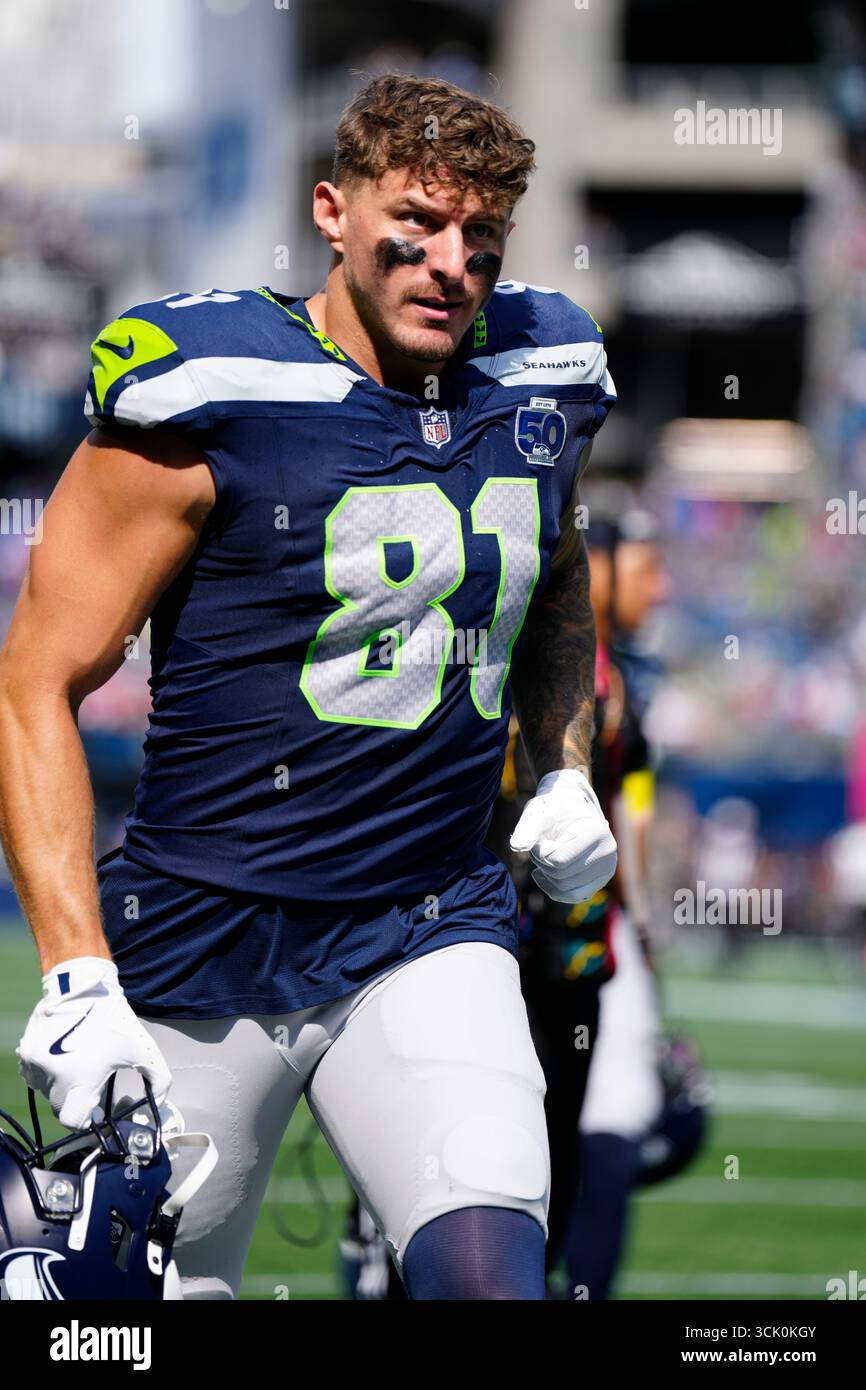 Seattle Seahawks tight end Eric Saubert (81) looks on during an NFL ...