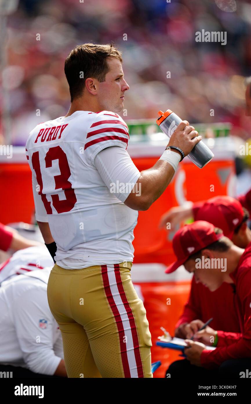 San Francisco 49ers quarterback Brock Purdy (13) drinks from a Gatorade ...