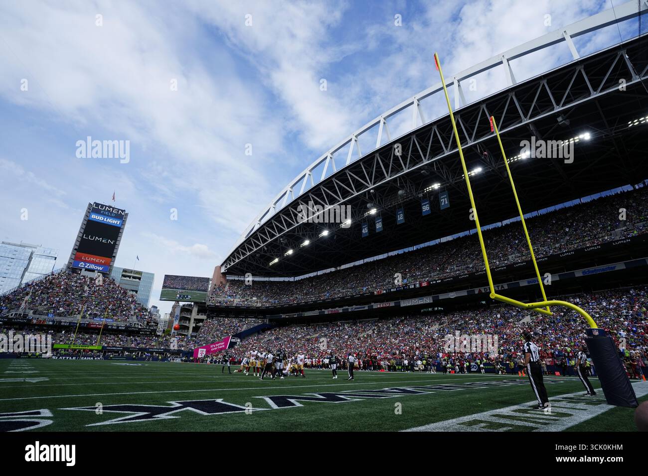 The San Francisco 49ers attempt a field goal at Lumen Field during an ...