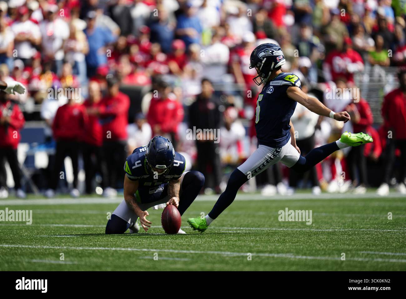 Seattle Seahawks place-kicker Jason Myers (5) kicks the ball during an ...