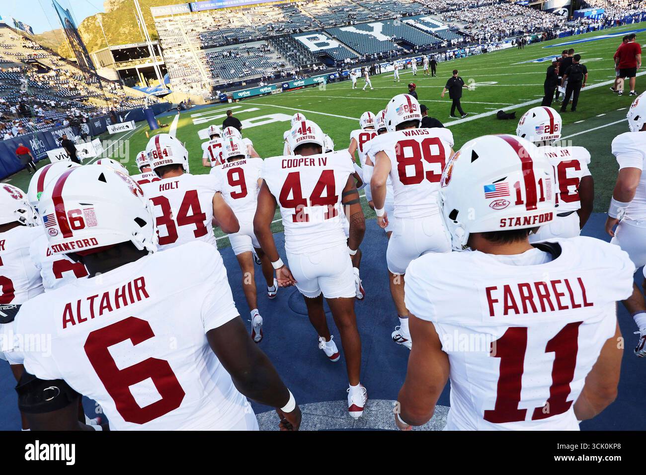 Stanford Cardinals take the field for warm ups against BYU during an ...