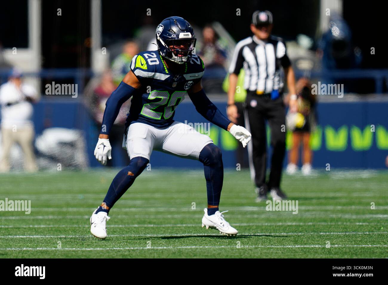 Seattle Seahawks safety Julian Love (20) gets set during an NFL ...