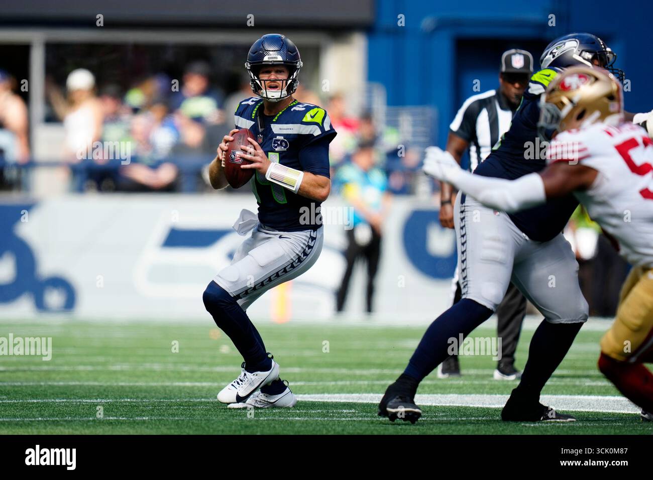 Seattle Seahawks quarterback Sam Darnold (14) looks to pass the ball ...