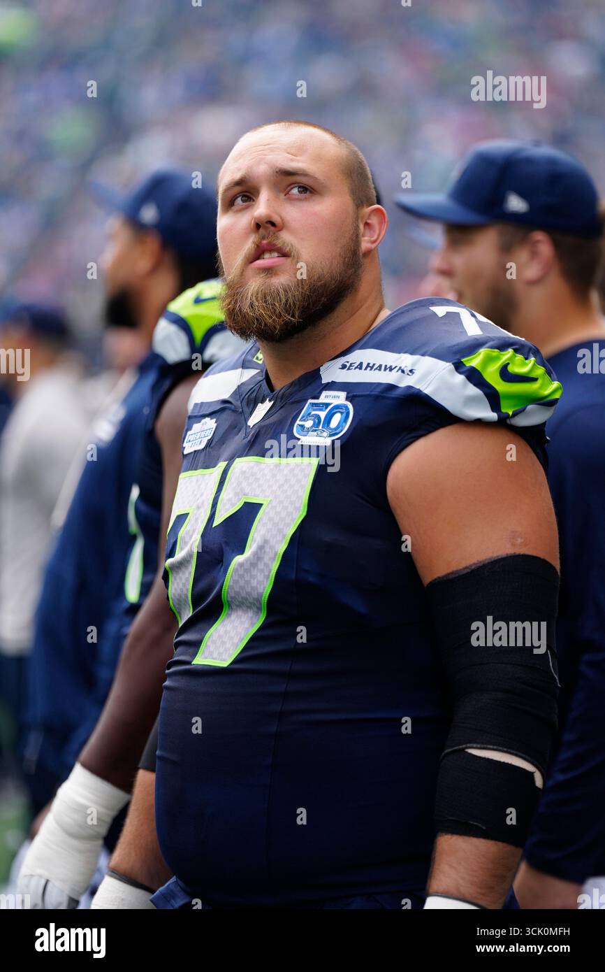 Seattle Seahawks guard Bryce Cabeldue (77) looks on before an NFL ...