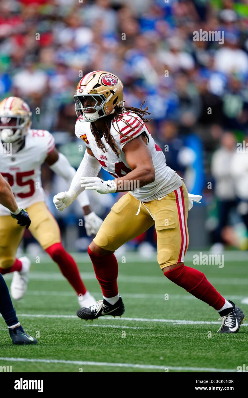 San Francisco 49ers linebacker Fred Warner (54) gets set during an NFL ...