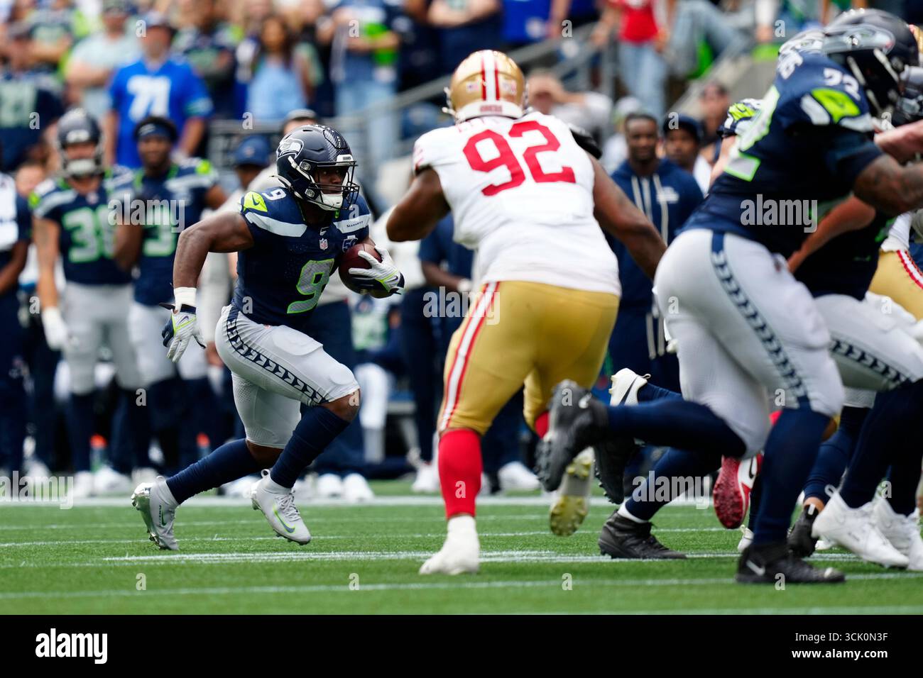 Seattle Seahawks running back Kenneth Walker III (9) runs with the ball ...