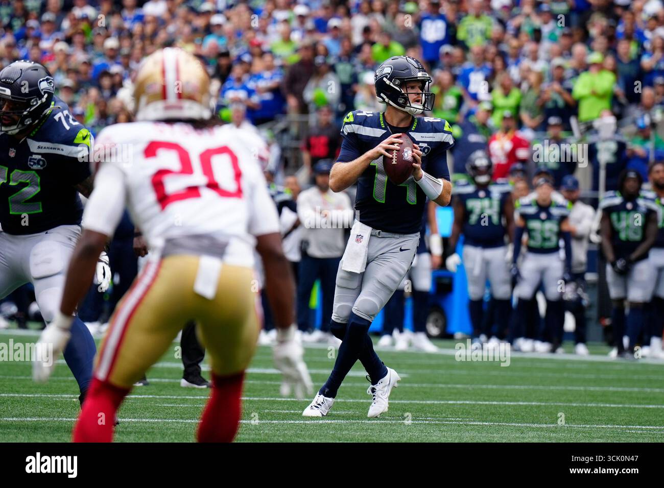Seattle Seahawks quarterback Sam Darnold (14) looks to pass the ball ...
