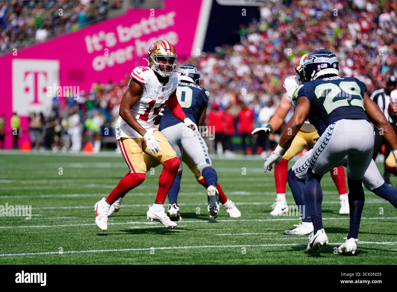 San Francisco 49ers wide receiver Russell Gage Jr. (14) gets set during ...