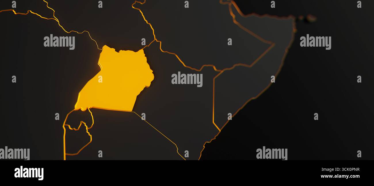 Golden Uganda 3d map surrounded with other countries in black with ...