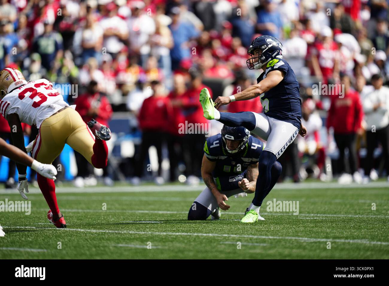 Seattle Seahawks place-kicker Jason Myers (5) kicks the ball during an ...