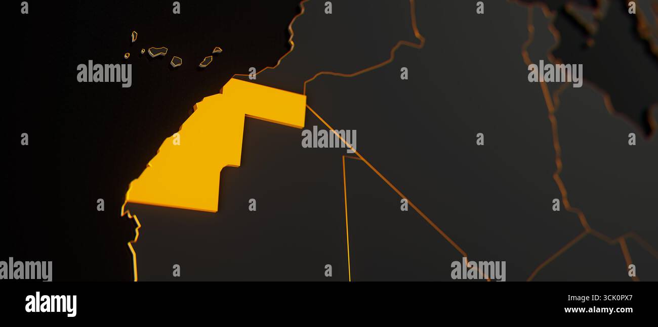 Golden Western Sahara 3d map surrounded with other countries in black ...