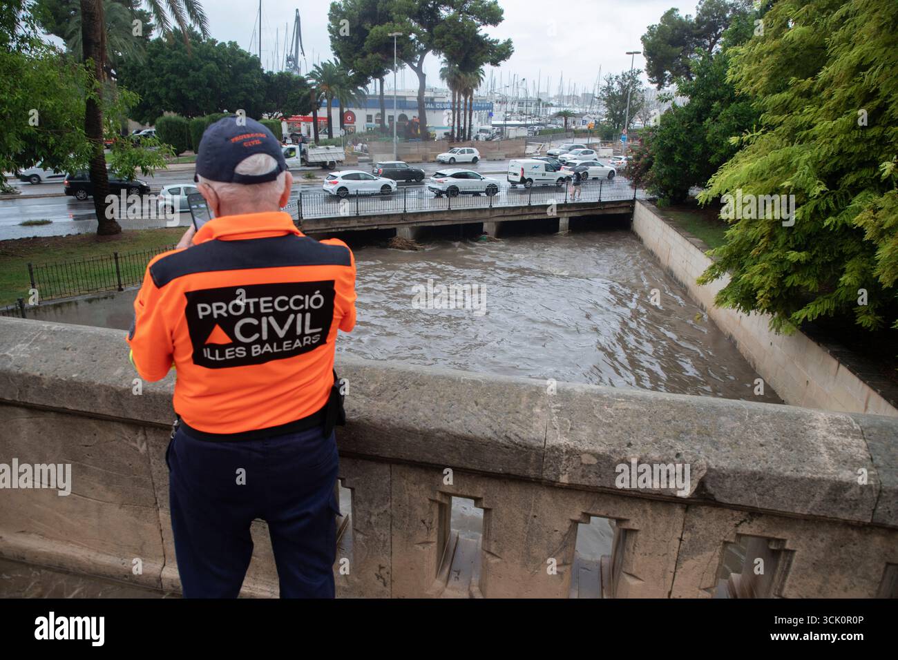 09 September 2025, Spain, Palma: Civil protection workers monitor the ...