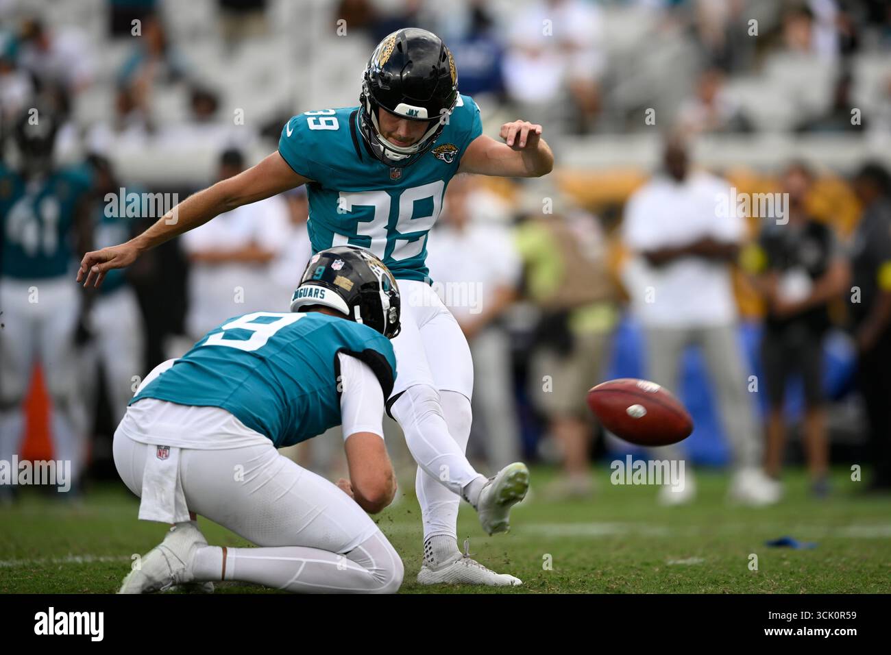 Jacksonville Jaguars place kicker Cam Little (39) kicks a field goal as ...