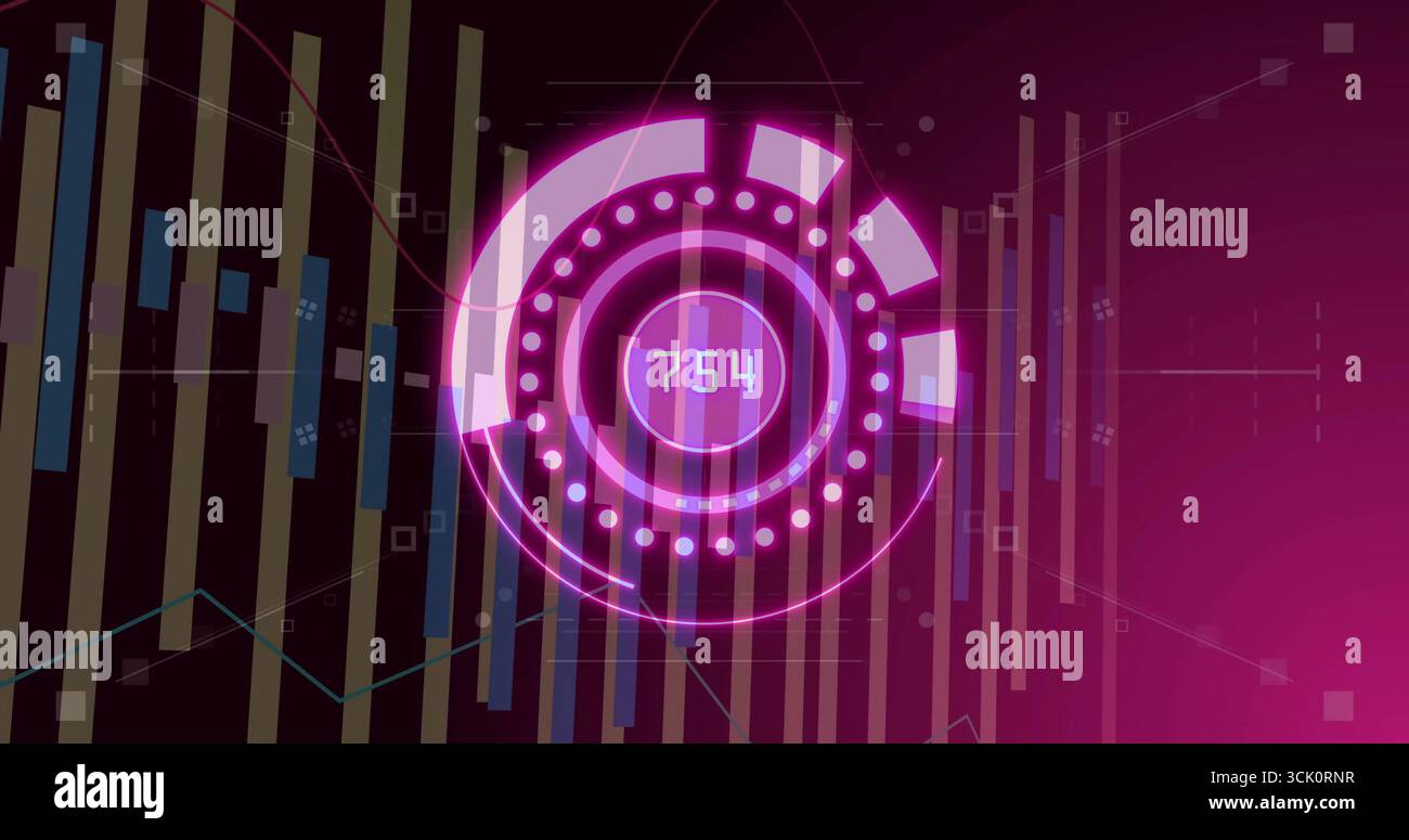 Displaying neon pink circular HUD with rings, numeric 754 in digital ...