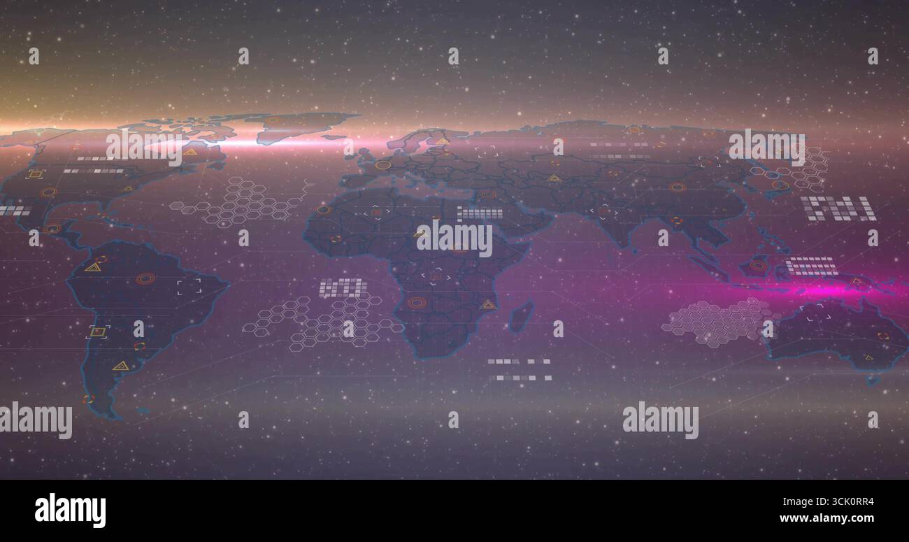 Displaying world map overlaying glowing hex grid in starfield, with data clusters and warning ...