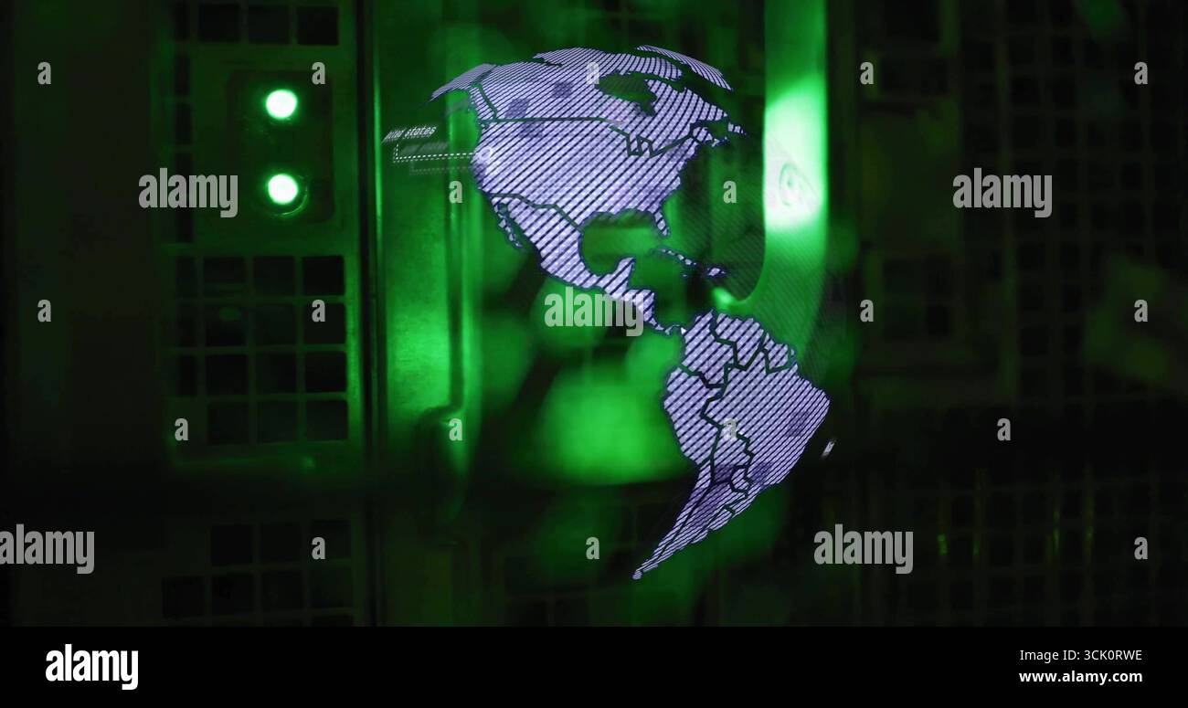 Displaying purple striped map outline at center in server rack with ...