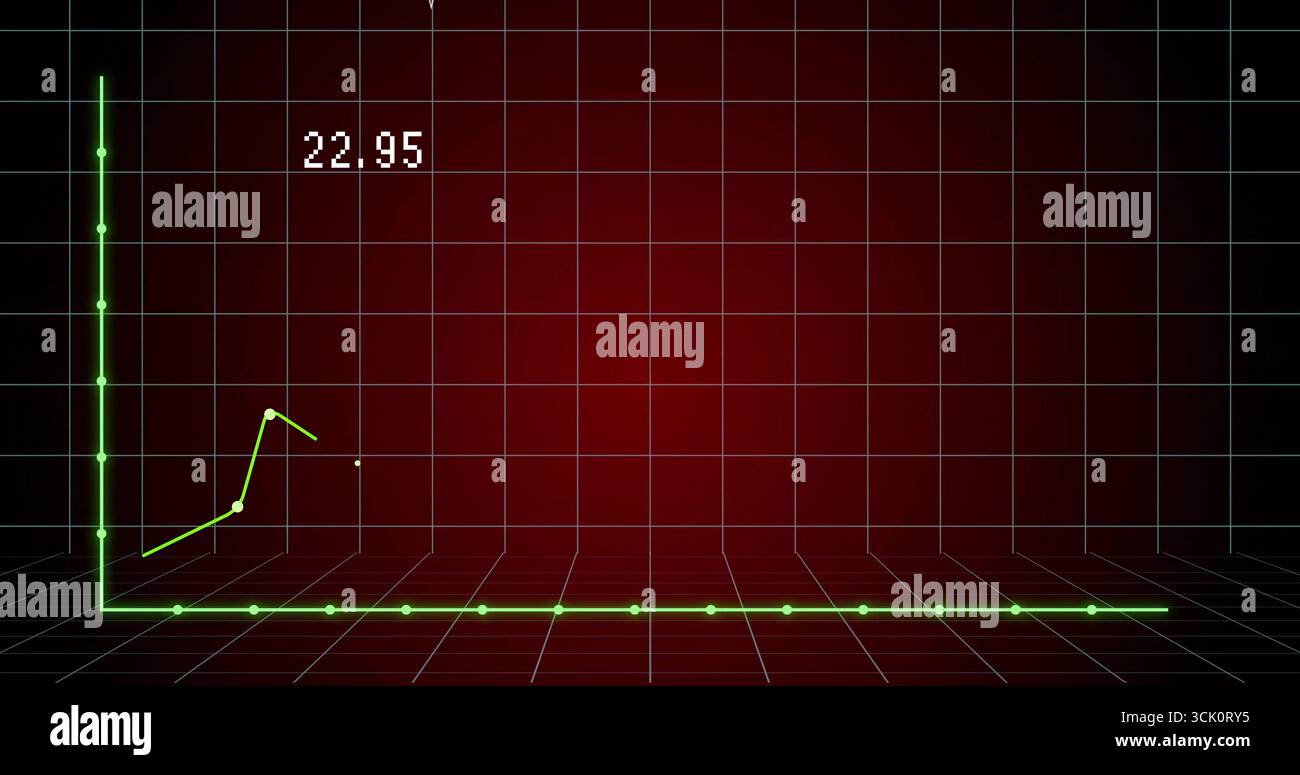 Displaying 3D axes connecting green data points rising on red grid on ...