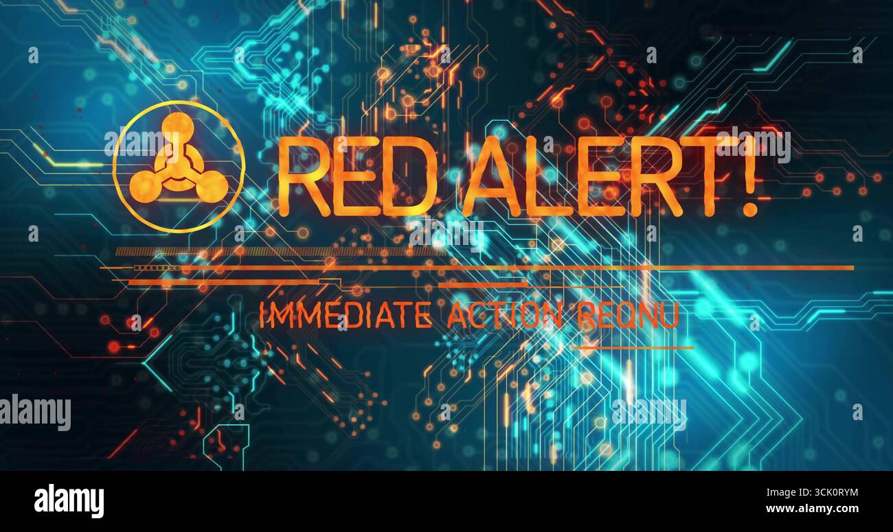 Displaying bold orange text overlay on alert display, with neon traces ...