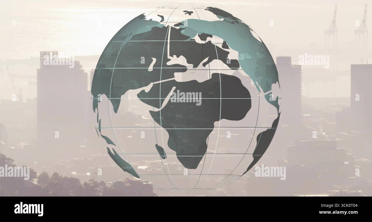 Floating 3D globe drifting above misty urban port skyline, with grid ...