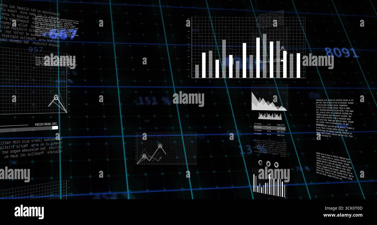 Displaying floating panels hovering in virtual grid, with charts numeric data code and text ...