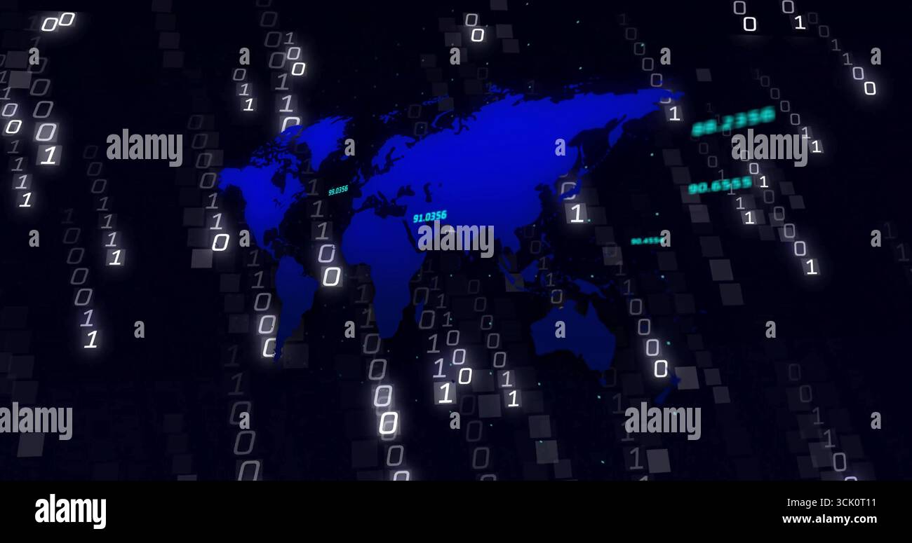 Displaying glowing blue world map on interface with streaming binary code tiles and data labels ...