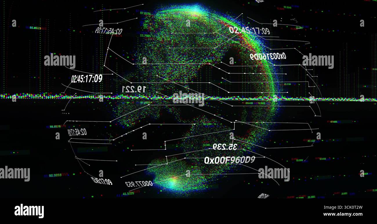 Displaying digital globe rotating in holographic display, with connecting nodes and hex codes ...