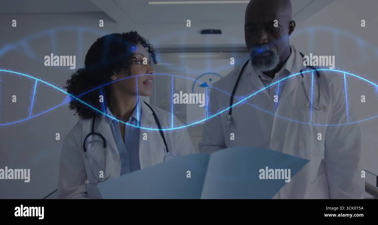 Doctors reviewing data, holding blue chart folder in imaging corridor ...