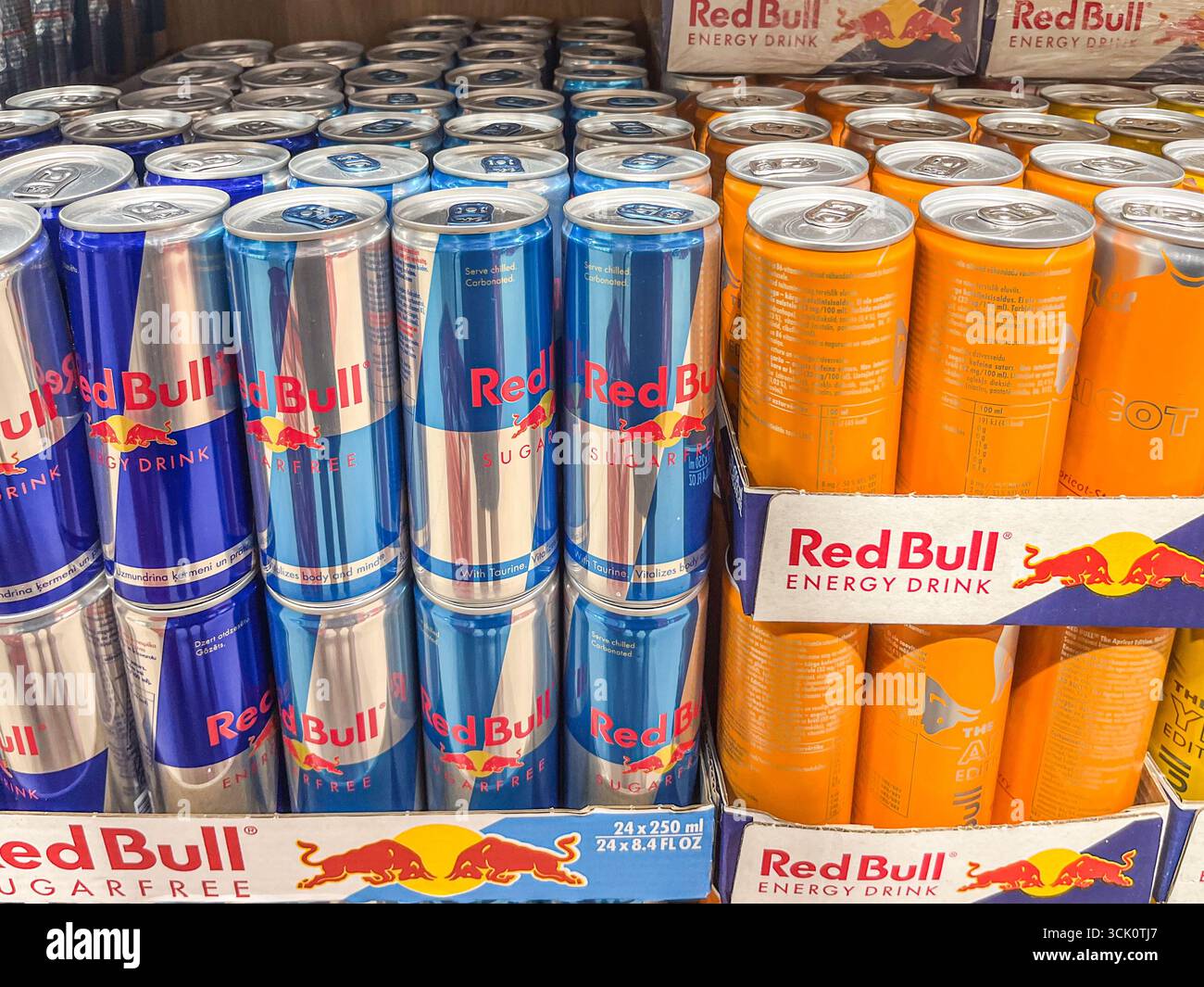 Riga, Latvia - September 04, 2025: Red Bull energy drink cans are ...