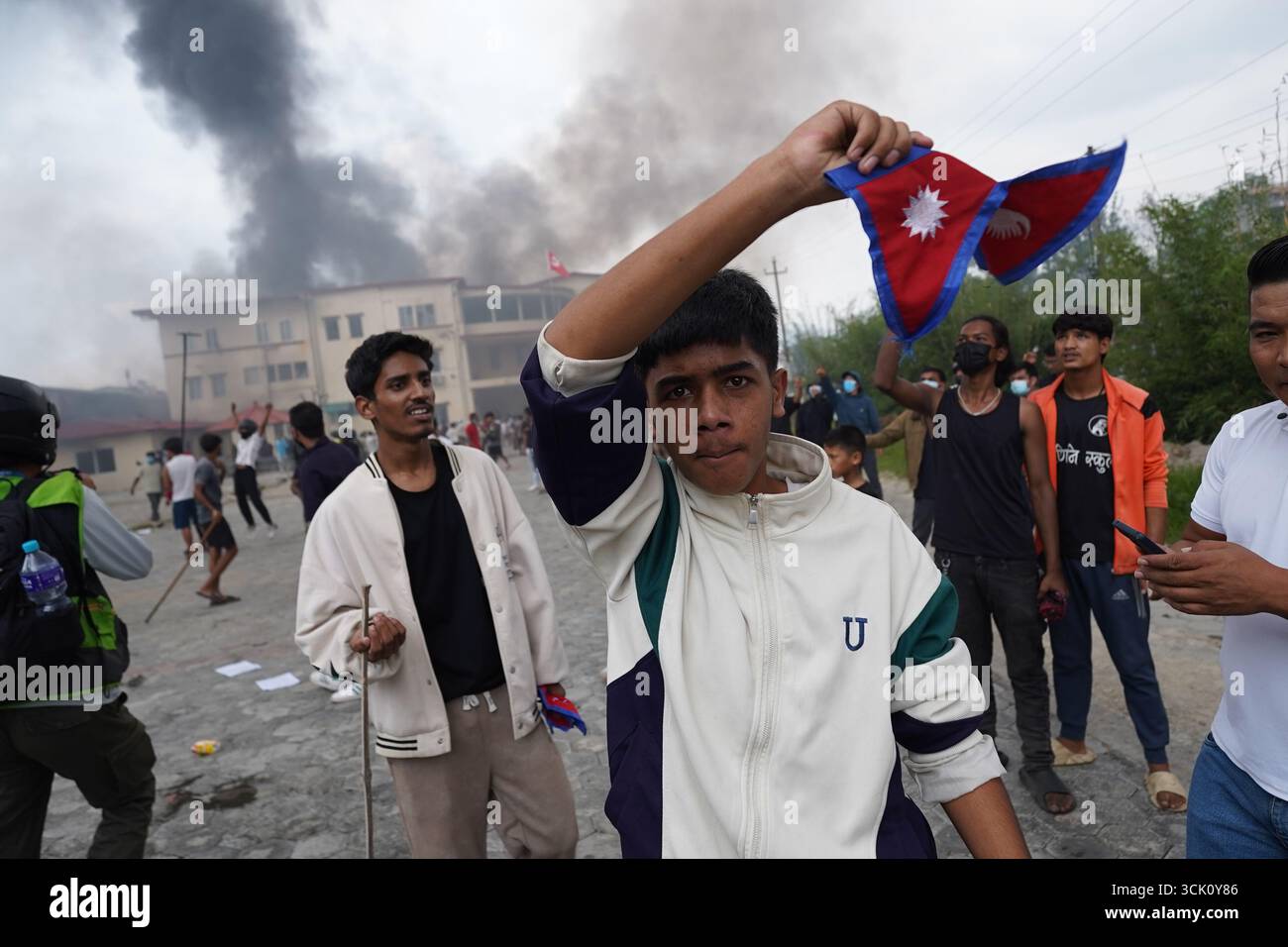 September 9, 2025, Kathmandu, Bagmati, Nepal: A Nepali protestor waves ...