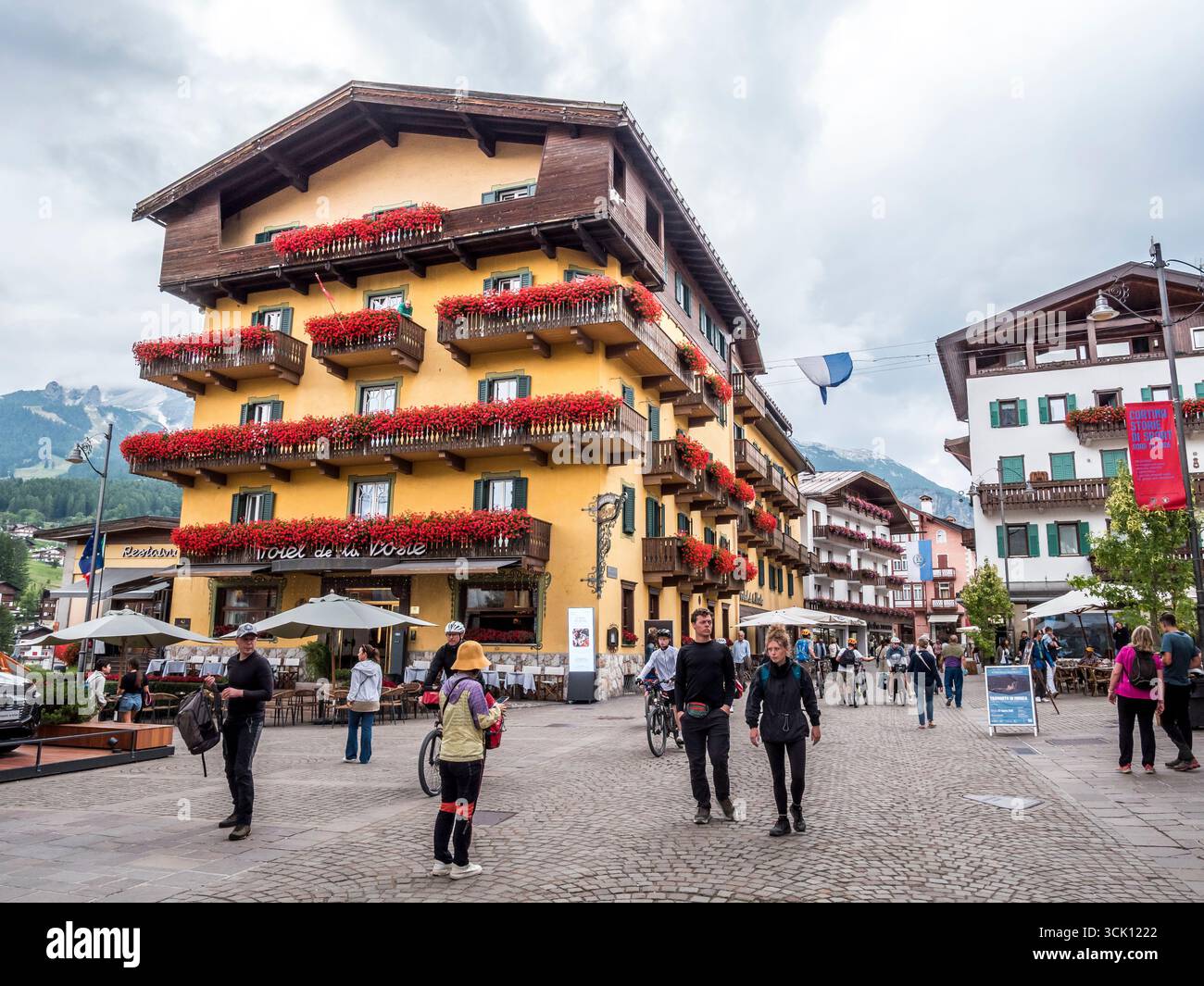 The street scene image in the resort town of Cortina d'Ampezzo located ...