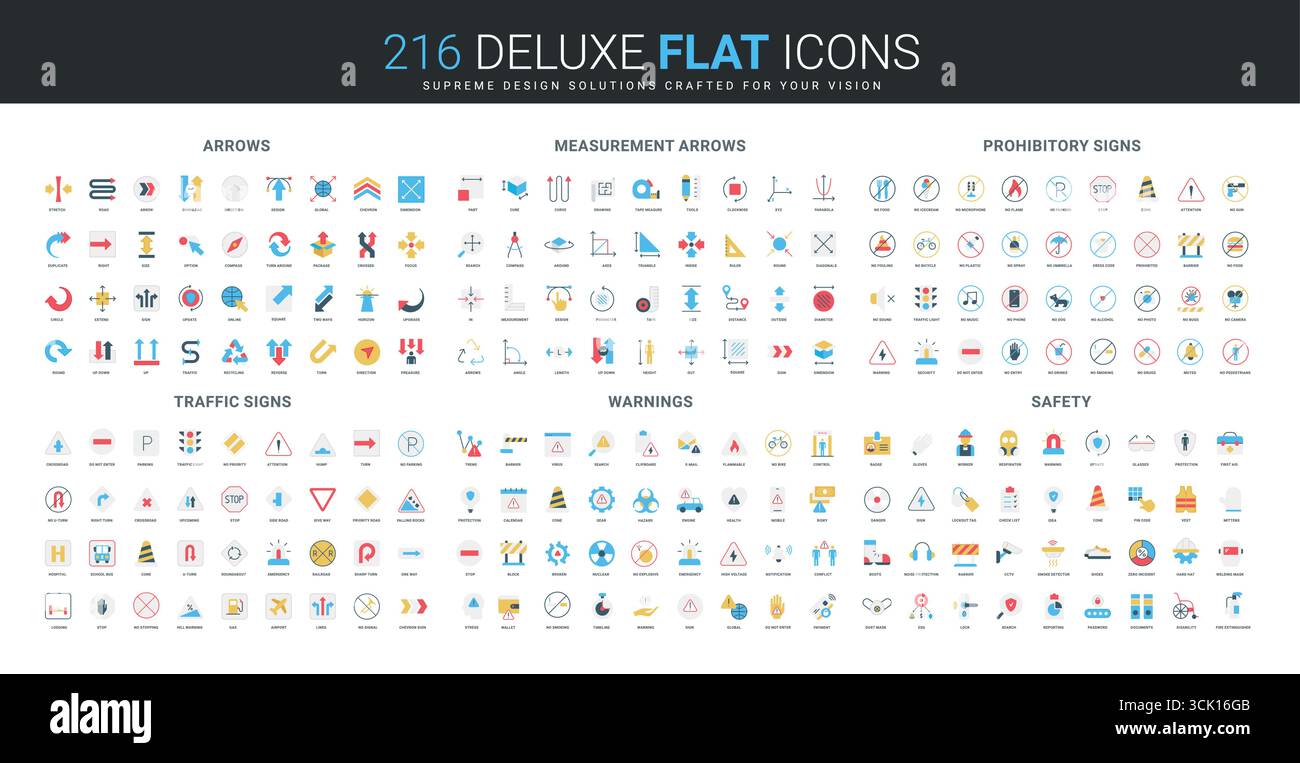 Flat icon collection featuring arrows, measurement arrows, prohibitory ...