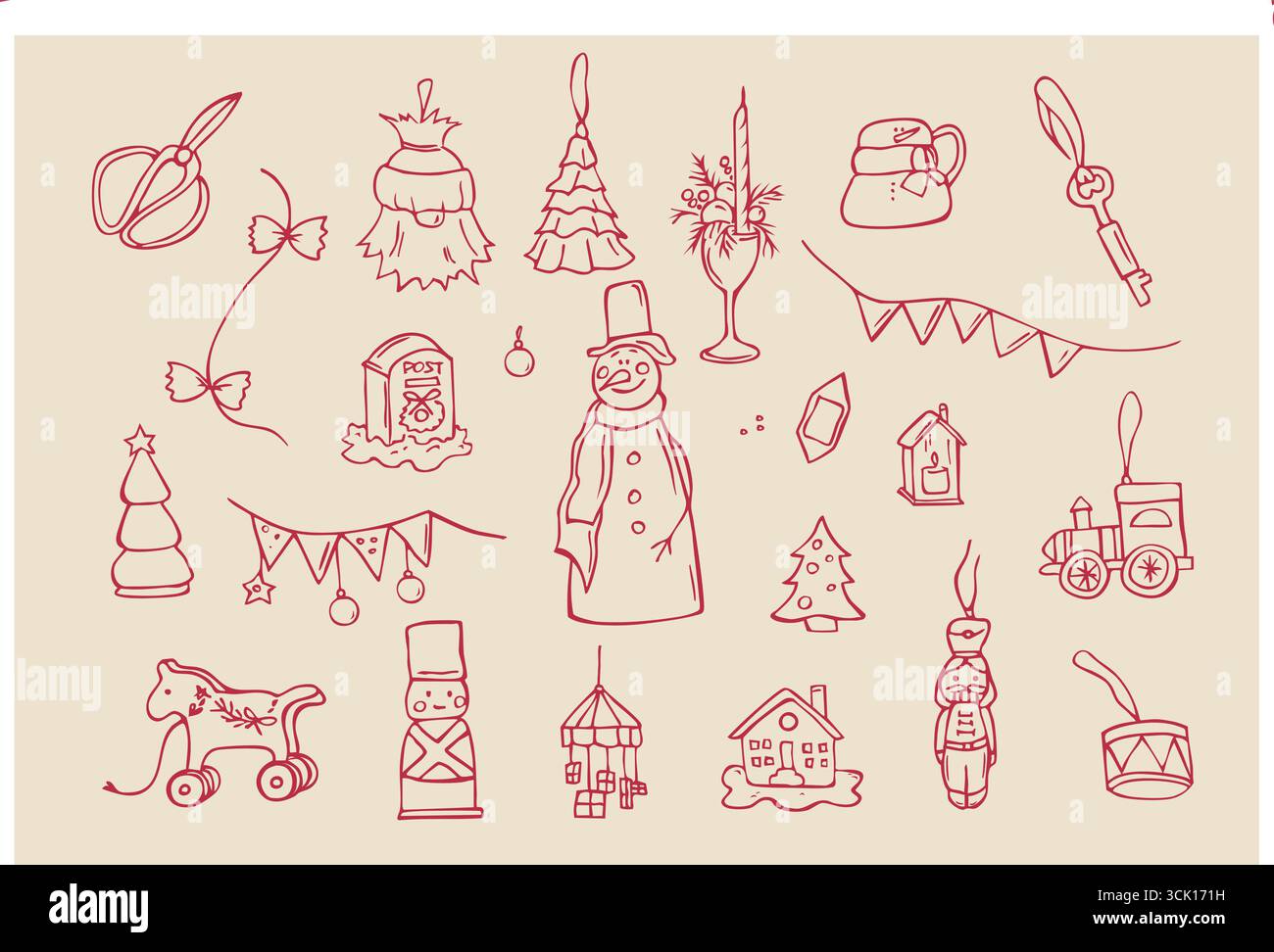 Christmas toys and decorations.Outline doodles burgundy color on beige ...